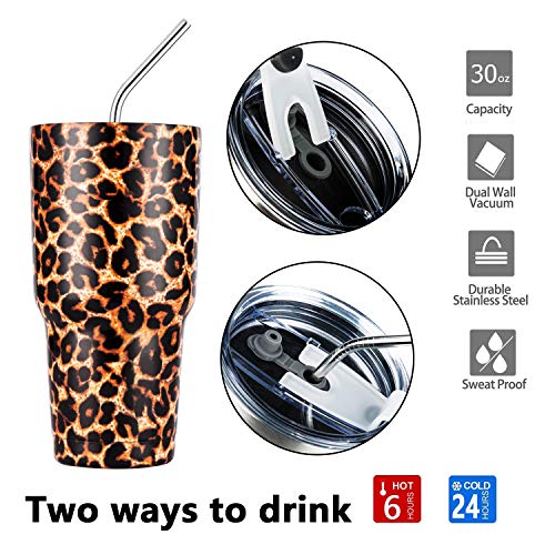 30oz Leopard Tumbler Stainless Steel Insulated Travel Mug with Straw Lid Cleaning Brush (30 oz Leopard), 1 Count (Pack of 1)