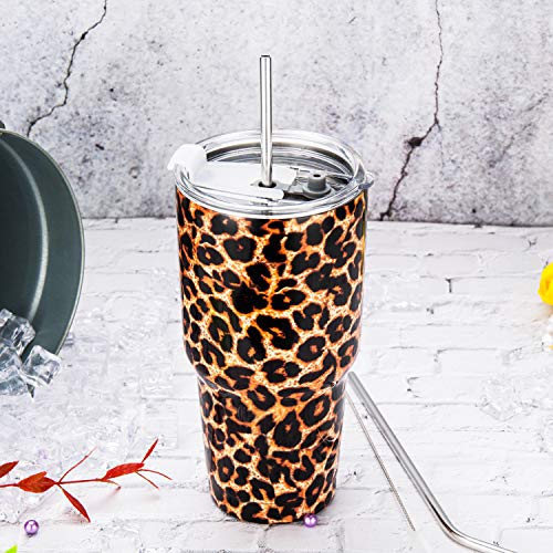 30oz Leopard Tumbler Stainless Steel Insulated Travel Mug with Straw Lid Cleaning Brush (30 oz Leopard), 1 Count (Pack of 1)