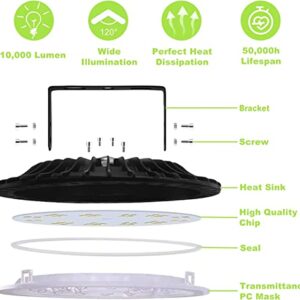 Sararoom 10Packs 100W 110V UFO LED High Bay Light, LED Warehouse Light 10000 Lumen 6500K Daylight White LED Shop Light Commercial Bay Lighting for Factory Garage Workshop