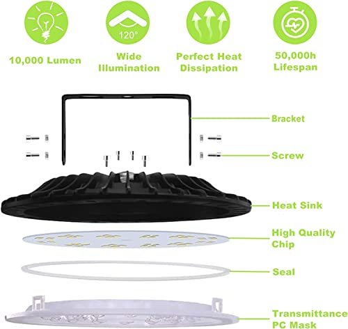 Sararoom 10Packs 100W 110V UFO LED High Bay Light, LED Warehouse Light 10000 Lumen 6500K Daylight White LED Shop Light Commercial Bay Lighting for Factory Garage Workshop