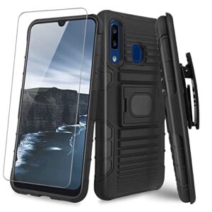 tjs phone case compatible with samsung galaxy a20/galaxy a30, [tempered glass screen protector] belt clip holster resistant magnetic support hybrid kickstand heavy duty cover (black)