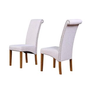 Merax Dining Chair Set of 2 Fabric Padded Side Chair with Solid Wood Legs, Nailed Trim (Light Beige)