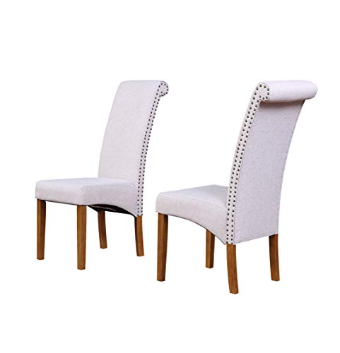 Merax Dining Chair Set of 2 Fabric Padded Side Chair with Solid Wood Legs, Nailed Trim (Light Beige)