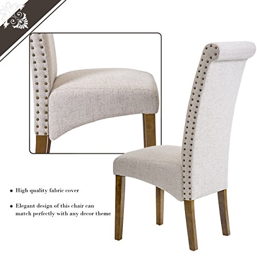 Merax Dining Chair Set of 2 Fabric Padded Side Chair with Solid Wood Legs, Nailed Trim (Light Beige)