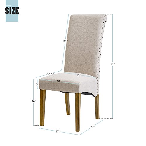 Merax Dining Chair Set of 2 Fabric Padded Side Chair with Solid Wood Legs, Nailed Trim (Light Beige)