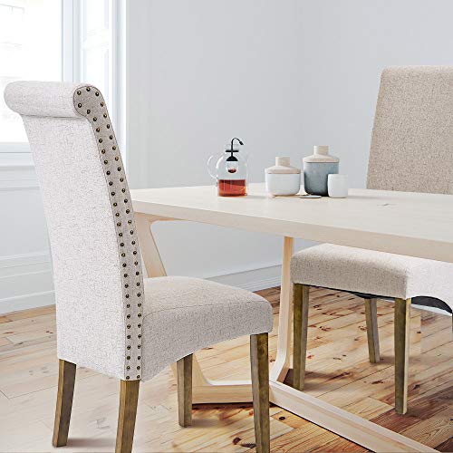 Merax Dining Chair Set of 2 Fabric Padded Side Chair with Solid Wood Legs, Nailed Trim (Light Beige)