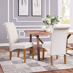 Merax Dining Chair Set of 2 Fabric Padded Side Chair with Solid Wood Legs, Nailed Trim (Light Beige)