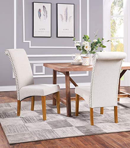 Merax Dining Chair Set of 2 Fabric Padded Side Chair with Solid Wood Legs, Nailed Trim (Light Beige)