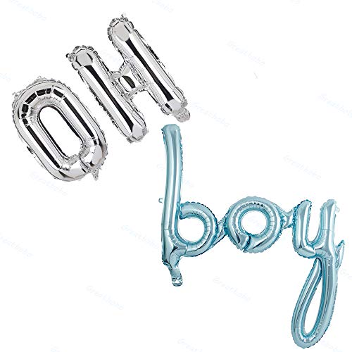 OH BOY Silver Blue Combination Alphabet Mylar Foil Balloons Letter Banner Baby Shower Gender Reveal Birthday Party Decorations