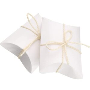 AKOAK Kraft Paper Pillow Box, Candy Favor Gift Boxes for Wedding Birthday and Christmas,Pack of 50 with 50 Pcs Jute Twines (White)