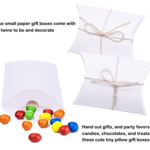 AKOAK Kraft Paper Pillow Box, Candy Favor Gift Boxes for Wedding Birthday and Christmas,Pack of 50 with 50 Pcs Jute Twines (White)