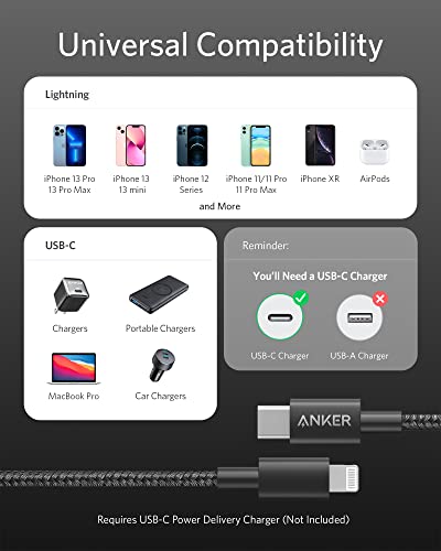 Anker New Nylon USB-C to Lightning Charging Cord for [6ft MFi Certified] for iPhone 13 13 Pro 12 Pro Max 12 11 X XS XR 8 Plus, AirPods Pro, Supports Power Delivery (Black)