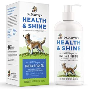 dr. harvey's health & shine omega 3 fish oil for dogs from wild caught mackerel, herring, anchovies and sardines - supports beautiful fur, strong joints and itchy allergy relief (16 fl oz)