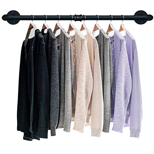 TLBTEK Industrial Pipe Clothes Rack,Heavy Duty Rustic Clothes Hanging Shelves System,Wall Mounted Detachable Black Iron Metal Garment Bar for Retail Display,Closet Organization (36 Inch)