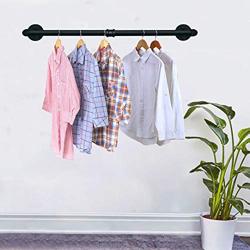 TLBTEK Industrial Pipe Clothes Rack,Heavy Duty Rustic Clothes Hanging Shelves System,Wall Mounted Detachable Black Iron Metal Garment Bar for Retail Display,Closet Organization (36 Inch)