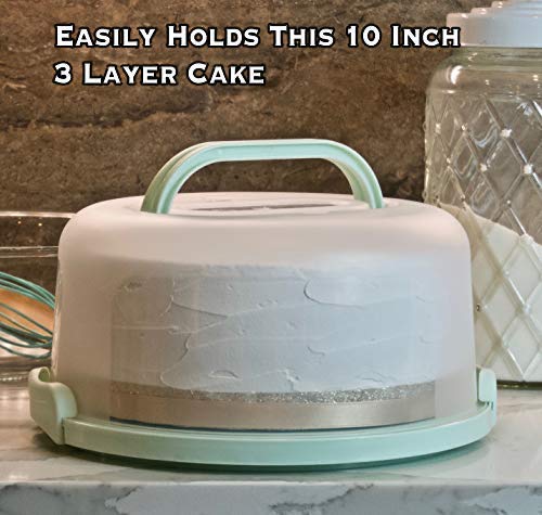 Top Shelf Elements Round Cake Carrier Two Sided Cake Holder Serves as Five Section Serving Tray, Portable Cake Stand Fits 10 inch Cake, Cake Box Comes With Handle, Cake Container Holds Pies (Green)