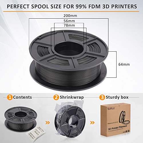 PLA 3D Printer Filament, SUNLU Neatly Wound PLA Filament 1.75mm Dimensional Accuracy +/- 0.02mm, Fit Most FDM 3D Printers, Good Vacuum Packaging Consumables, 1kg Spool (2.2lbs), 330 Meters, PLA Black