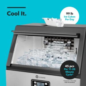 Vremi Commercial Grade Ice Maker - Produces 100 Pounds of Ice in 24 Hrs with 29 Pounds Storage Bin - Stainless Steel, Freestanding Automatic Clear Cube Ice Making Machine Perfect for Home or Business