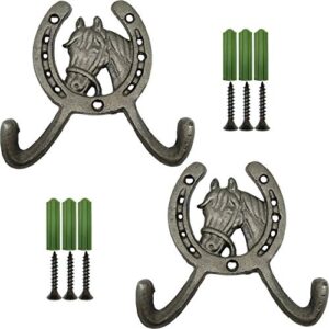 tihood 2pcs 4.5" horse head horseshoe western double cast iron wall hooks, horse shoe with horse