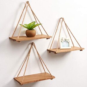 sand mine set of 3 wood wall hanging shelf, wood floating shelves, hanging swing rope shelves, rustic rope hanging shelves, rustic wall decor swing shelf, wall display shelves for living room bedroom