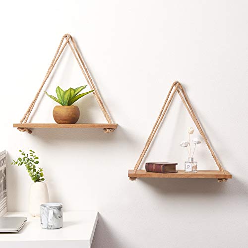 SAND MINE Set of 3 Wood Wall Hanging Shelf, Wood Floating Shelves, Hanging Swing Rope Shelves, Rustic Rope Hanging Shelves, Rustic Wall Decor Swing Shelf, Wall Display Shelves for Living Room Bedroom