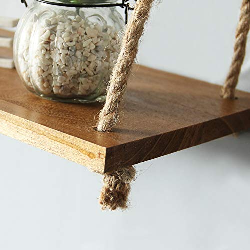 SAND MINE Set of 3 Wood Wall Hanging Shelf, Wood Floating Shelves, Hanging Swing Rope Shelves, Rustic Rope Hanging Shelves, Rustic Wall Decor Swing Shelf, Wall Display Shelves for Living Room Bedroom