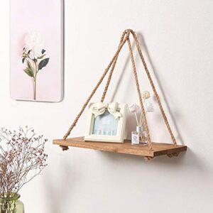 SAND MINE Set of 3 Wood Wall Hanging Shelf, Wood Floating Shelves, Hanging Swing Rope Shelves, Rustic Rope Hanging Shelves, Rustic Wall Decor Swing Shelf, Wall Display Shelves for Living Room Bedroom