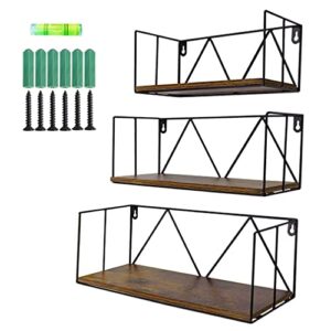 floating wall shelves set of 3, black metal wire hanging rustic storage shelf decor organizer for bedroom bedside kitchen bathroom living room