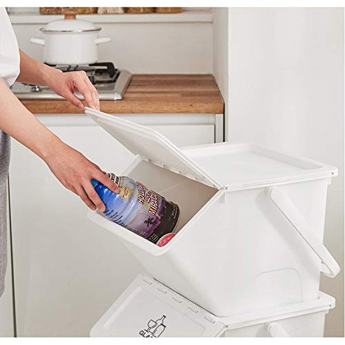 Nature Living Modern Daily Stackable Organizer Stores Recycling Bin Container with Lid, Handle, Recycle Sticker Trash Bin Label, Tools and Toys, Handy Recycler, 3 Pack of Bins, White