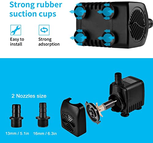 Fountain pump 400GPH 25W Outdoor Fountain Water Pump kit Pond Pump Submersible Pump with 2 Nozzles Hose Tubing for Aquarium Fish Tank Fountain Pond submersible Hydroponic And Backyard Garden