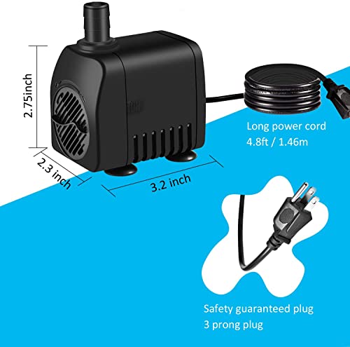 Fountain pump 400GPH 25W Outdoor Fountain Water Pump kit Pond Pump Submersible Pump with 2 Nozzles Hose Tubing for Aquarium Fish Tank Fountain Pond submersible Hydroponic And Backyard Garden