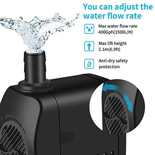 Fountain pump 400GPH 25W Outdoor Fountain Water Pump kit Pond Pump Submersible Pump with 2 Nozzles Hose Tubing for Aquarium Fish Tank Fountain Pond submersible Hydroponic And Backyard Garden