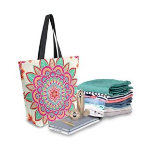 ALAZA Ethnic Boho Hippie Bohemian Canvas Tote Bag Top Handle Purses Large Totes Reusable Handbags Cotton Shoulder Bags for Women Travel Work Shopping Grocery