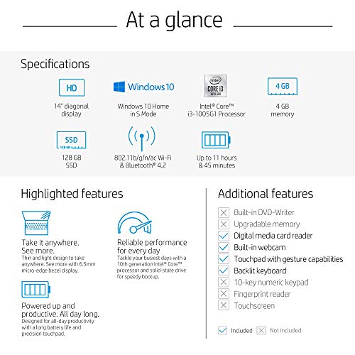 HP 14-Inch Laptop, 10th Gen Intel Core i3-1005G1, 4 GB SDRAM, 128 GB Solid-State Drive, Windows 10 Home in S Mode (14-dq1010nr, Silver)