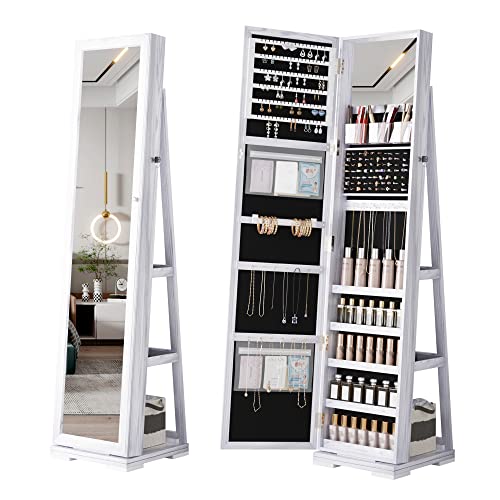 OUTDOOR DOIT 360° Rotating Jewelry Armoire with Lockable Full Length Mirror Large Capacity Jewelry Organizer Armoire, Lockable Floor Standing Mirror with Back Storage Shelves for Bedroom, Cloakroom