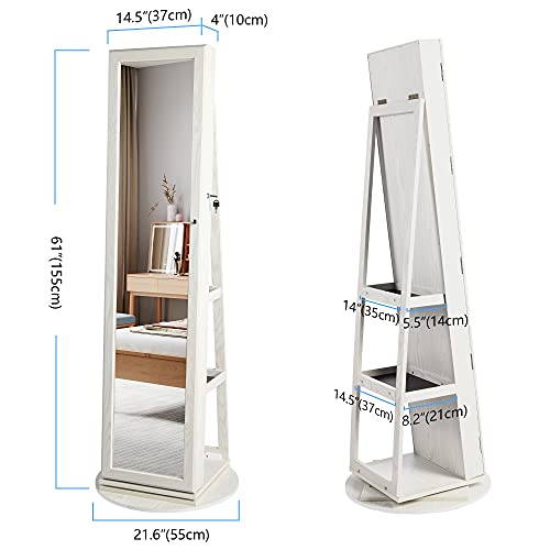 OUTDOOR DOIT 360° Rotating Jewelry Armoire with Lockable Full Length Mirror Large Capacity Jewelry Organizer Armoire, Lockable Floor Standing Mirror with Back Storage Shelves for Bedroom, Cloakroom