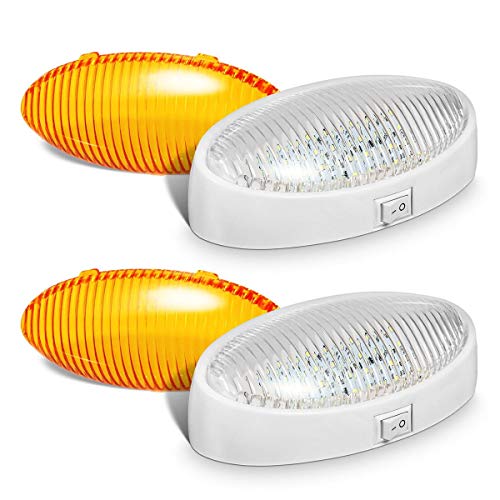 Partsam 2Pcs Oval LED RV Exterior Porch Utility Light w/On-Off Switch 12v Lighting Fixture Replacement Lighting for RVs, Trailers, Campers, 5th Wheels. White Base, Clear and Amber Lens Removable