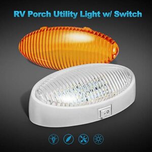 Partsam 2Pcs Oval LED RV Exterior Porch Utility Light w/On-Off Switch 12v Lighting Fixture Replacement Lighting for RVs, Trailers, Campers, 5th Wheels. White Base, Clear and Amber Lens Removable