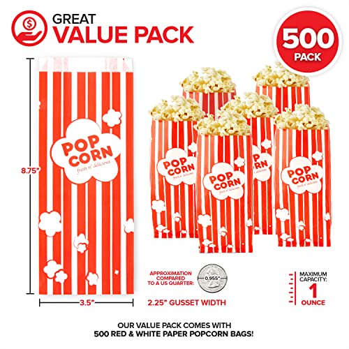 1 oz Paper Popcorn Bags Bulk (500 Pack) Small Red & White Pop-corn Bag Disposable for Carnival Themed Party, Movie Night, Halloween, Popcorn Machine Accessories & Supplies, Individual Servings