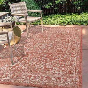 jonathan y smb104a-4 malta bohemian medallion textured weave indoor outdoor area rug, coastal, traditional, transitional easy cleaning,bedroom,kitchen,backyard,patio,non shedding, red/taupe, 4 x 6