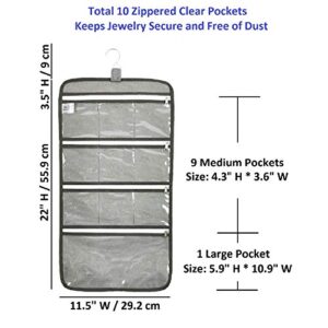 ANIZER Hanging Jewelry Organizer with 10 Zippered Clear Pockets for Travel Suitcase and Home Closet Jewelry Storage Bag (GREY)