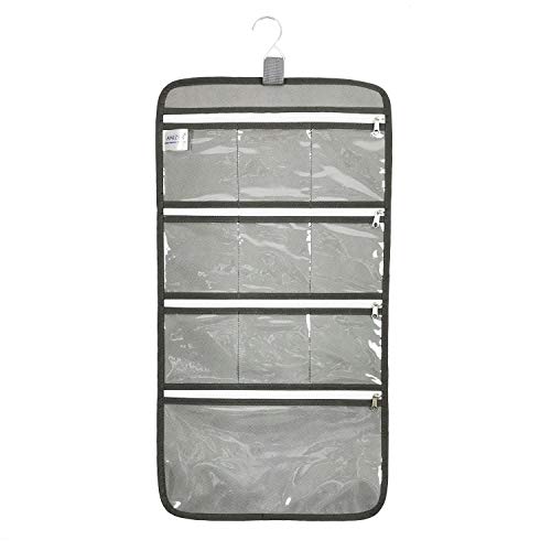 ANIZER Hanging Jewelry Organizer with 10 Zippered Clear Pockets for Travel Suitcase and Home Closet Jewelry Storage Bag (GREY)