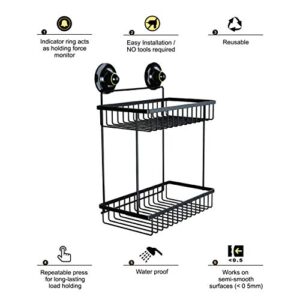 KiahLoc Patented Yellow Ring Indicator Suction Cup Double Rectangular Shelf, Removable Wall Vacuum Holder for Smooth Tile, Glass and Mirror, ABS Hook Cup Hold up to 22lb (Black)