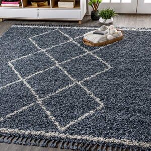 jonathan y mcr103a-4 mercer shag plush tassel moroccan tribal geometric trellis indoor area-rug bohemian easy-cleaning high traffic bedroom kitchen living room, 4 x 6, denim blue/cream