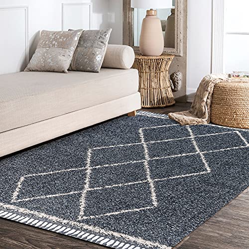 JONATHAN Y MCR103A-4 Mercer Shag Plush Tassel Moroccan Tribal Geometric Trellis Indoor Area-Rug Bohemian Easy-Cleaning High Traffic Bedroom Kitchen Living Room, 4 X 6, Denim Blue/Cream