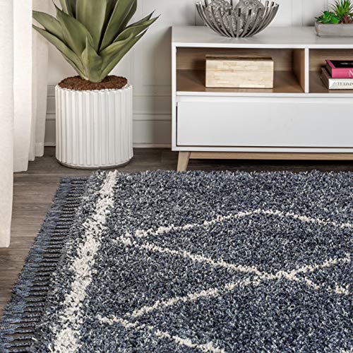 JONATHAN Y MCR103A-4 Mercer Shag Plush Tassel Moroccan Tribal Geometric Trellis Indoor Area-Rug Bohemian Easy-Cleaning High Traffic Bedroom Kitchen Living Room, 4 X 6, Denim Blue/Cream