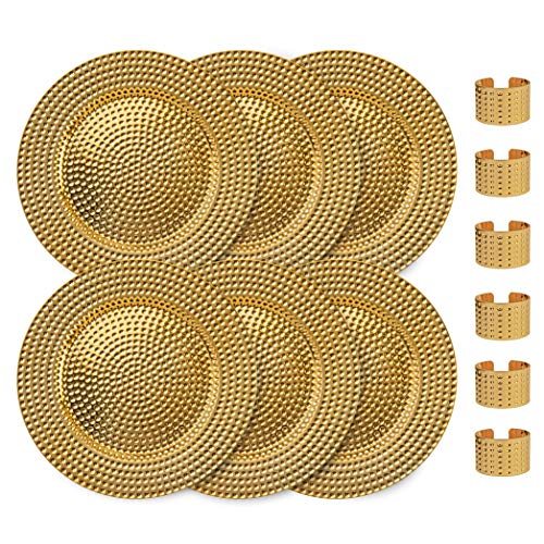 Home Collectives 13 Inch Round Elegant Serve ware Charger Plates with Matching Napkin Rings, Wedding, Dinner party, Event - Choose from our Variety of Styles and Quanties (6, Hammered Gold)