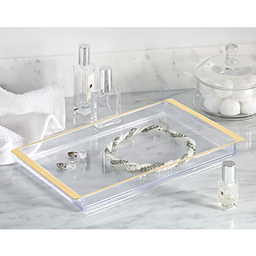 mDesign Plastic Bathroom Counter Tray and Organizer - Perfume, Guest Hand Towel, Makeup, and Accessory Holder Tray for Bathroom Countertop and Vanity - Petal Collection - Clear/Soft Brass