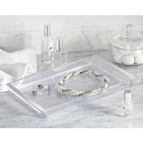 mDesign Plastic Bathroom Counter Tray and Organizer - Perfume, Guest Hand Towel, Makeup, and Accessory Holder Tray for Bathroom Countertop and Vanity - Petal Collection - Clear/Chrome