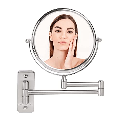 OVENTE 7" Wall Mount Makeup Mirror, 1X & 10X Magnifier, Adjustable Spinning Double Sided Round Reflection, Extend, Retractable & Folding Arm, Bathroom & Vanity Décor, Nickel Brushed MNLFW70BR1X10X